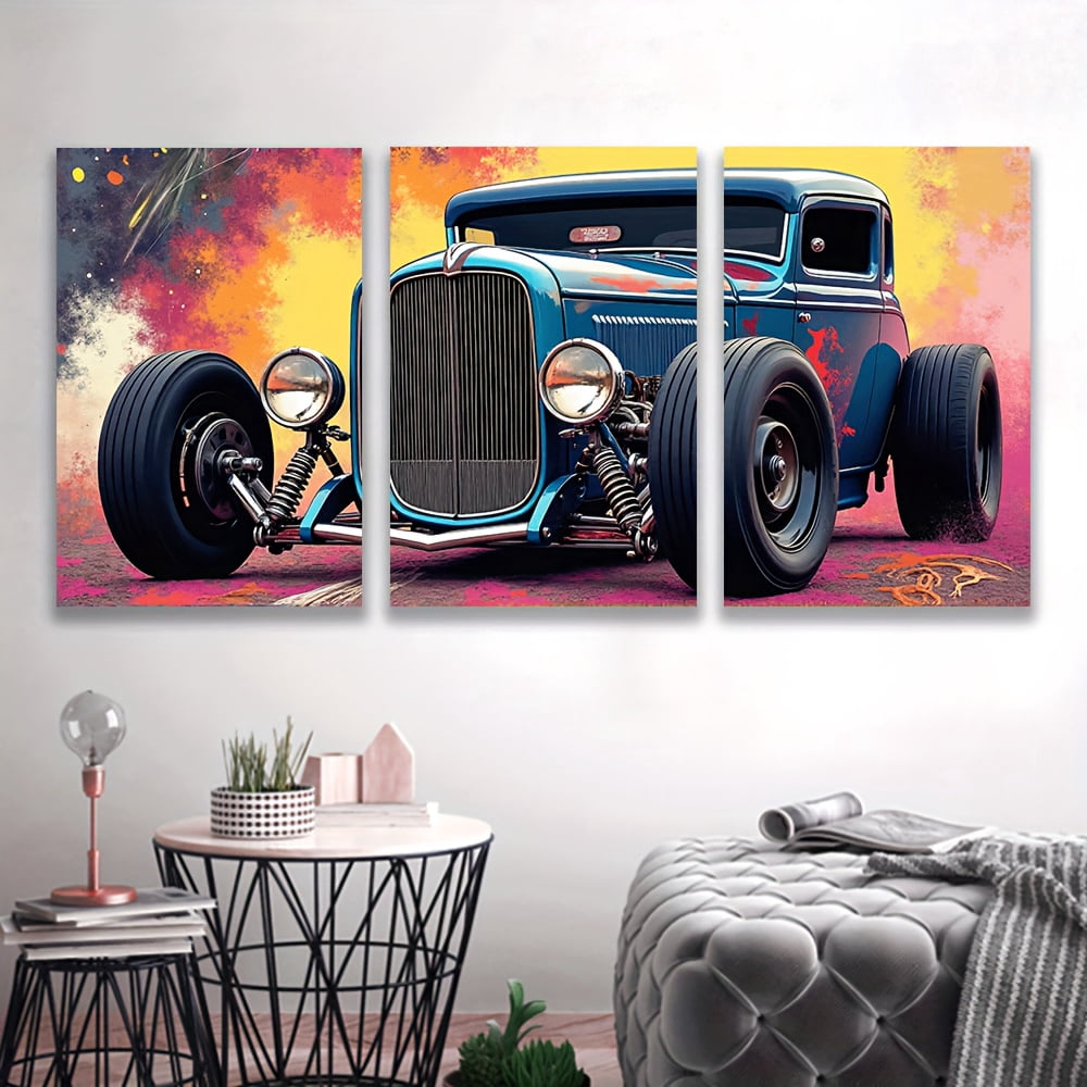3pcs Frameless Canvas Wall Art - Vintage Hot Rod Car Paintings, Vibrant ...