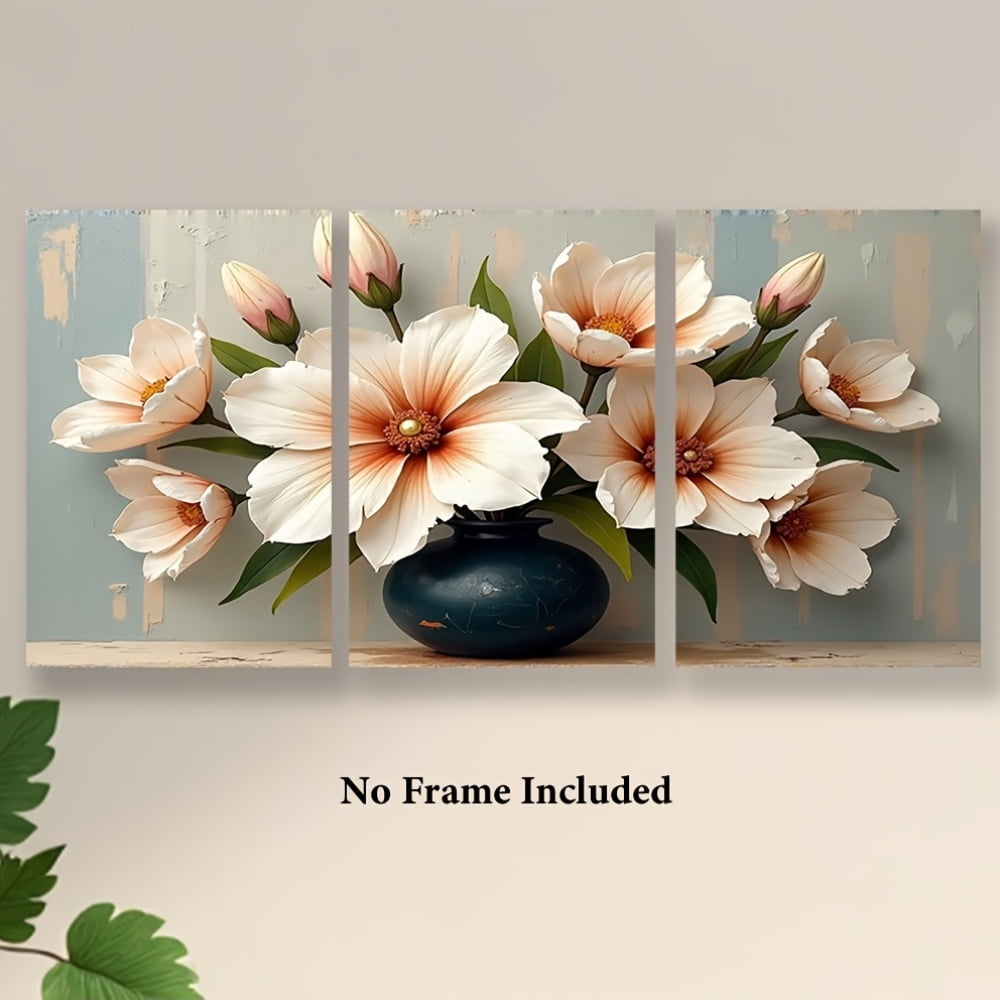 3pcs Framless Canvas Wall Art - Elegant White & Peach Flowers in Black ...