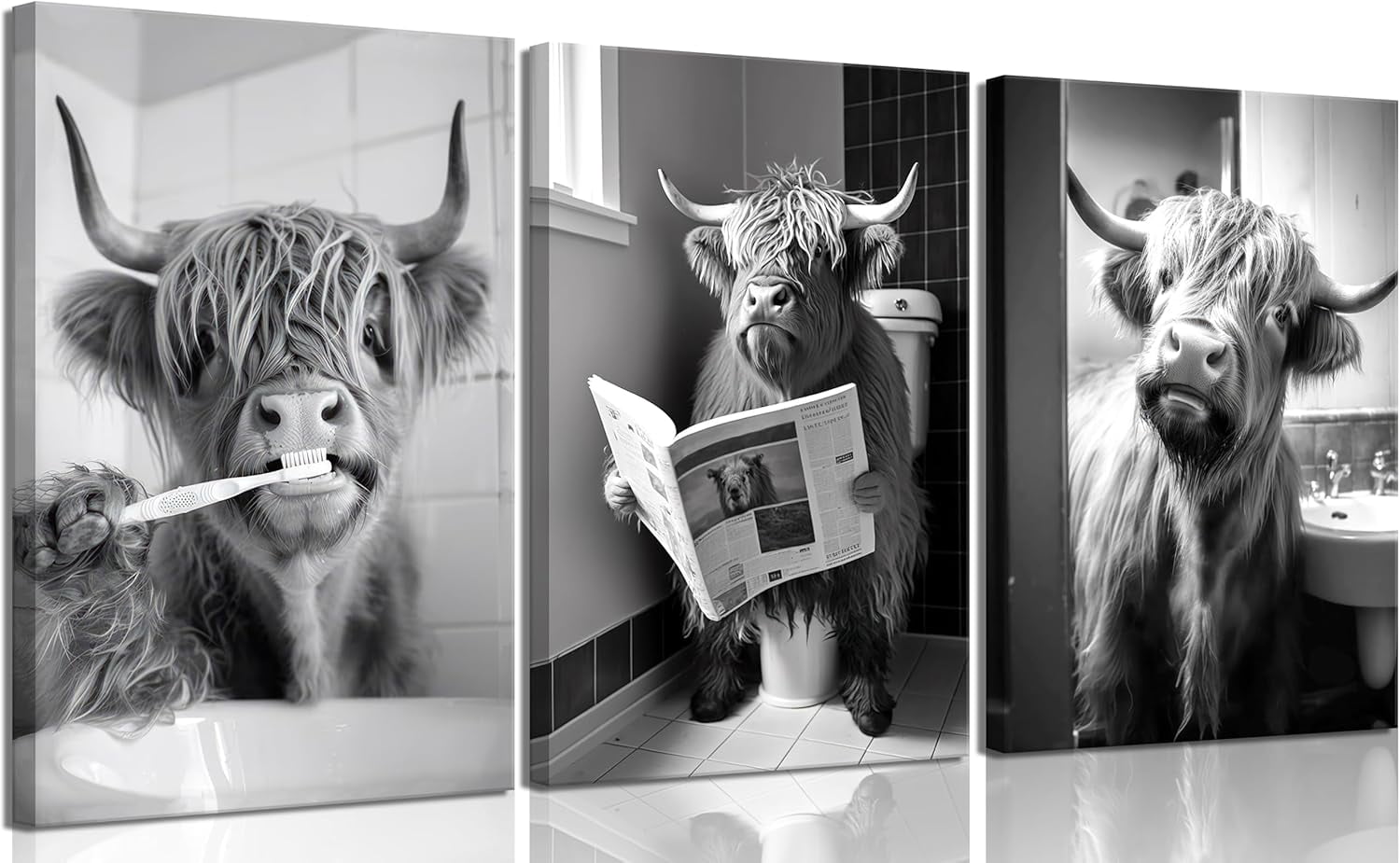 3pcs Funny Highland Cow Bathroom Canvas Wall Art Black and White Cute ...