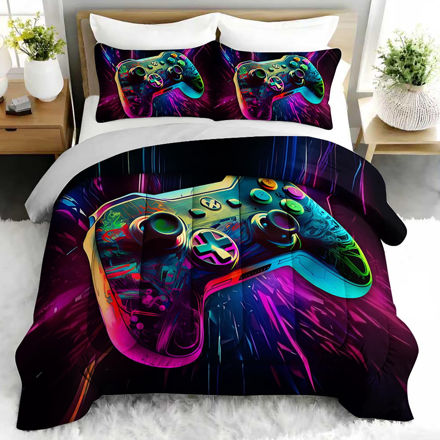 3pcs Gaming Controller Comforter Set, Vibrant Neon Bedding Set for ...