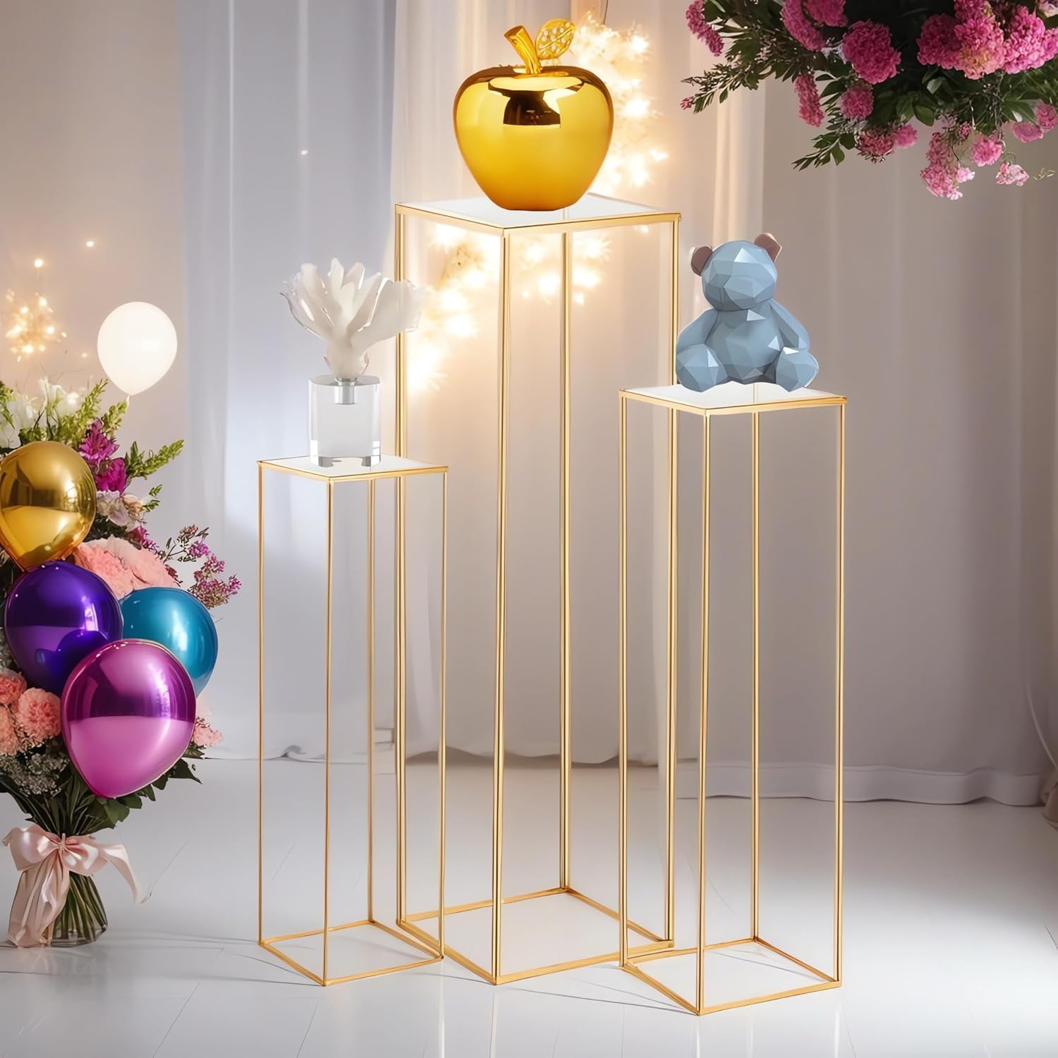 3pcs Gold Metal Plant Stand, Cylinder Pedestal Stands for Parties ...