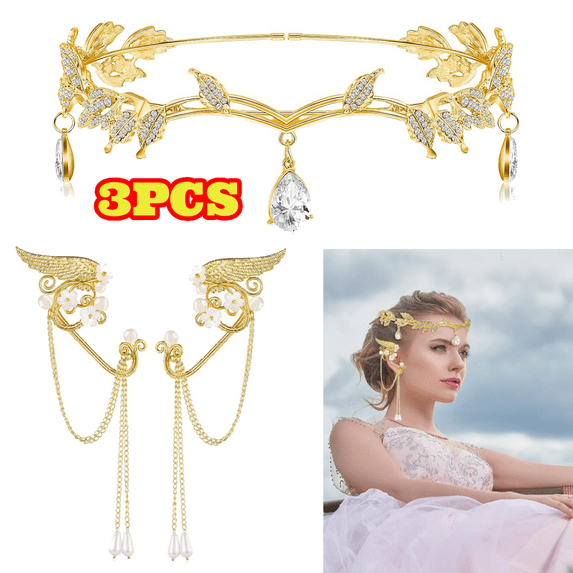 3pcs Gold Rhinestone Leaf Headband, Metal Elf Ears Clip-on Earrings ...