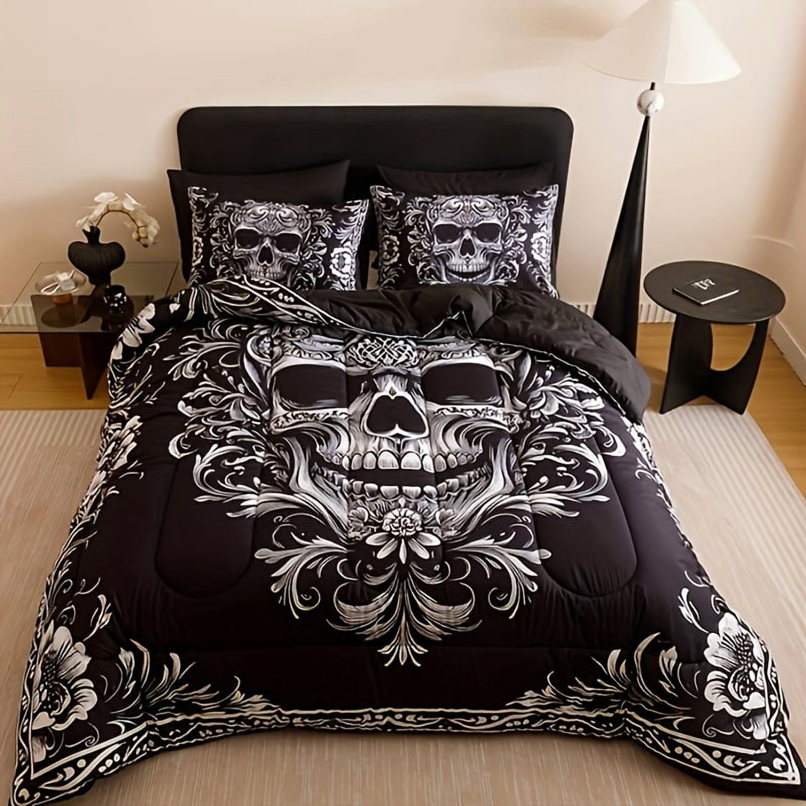 3pcs Gothic Quilt Set - Black & White Skull Design, Soft Ventilate ...