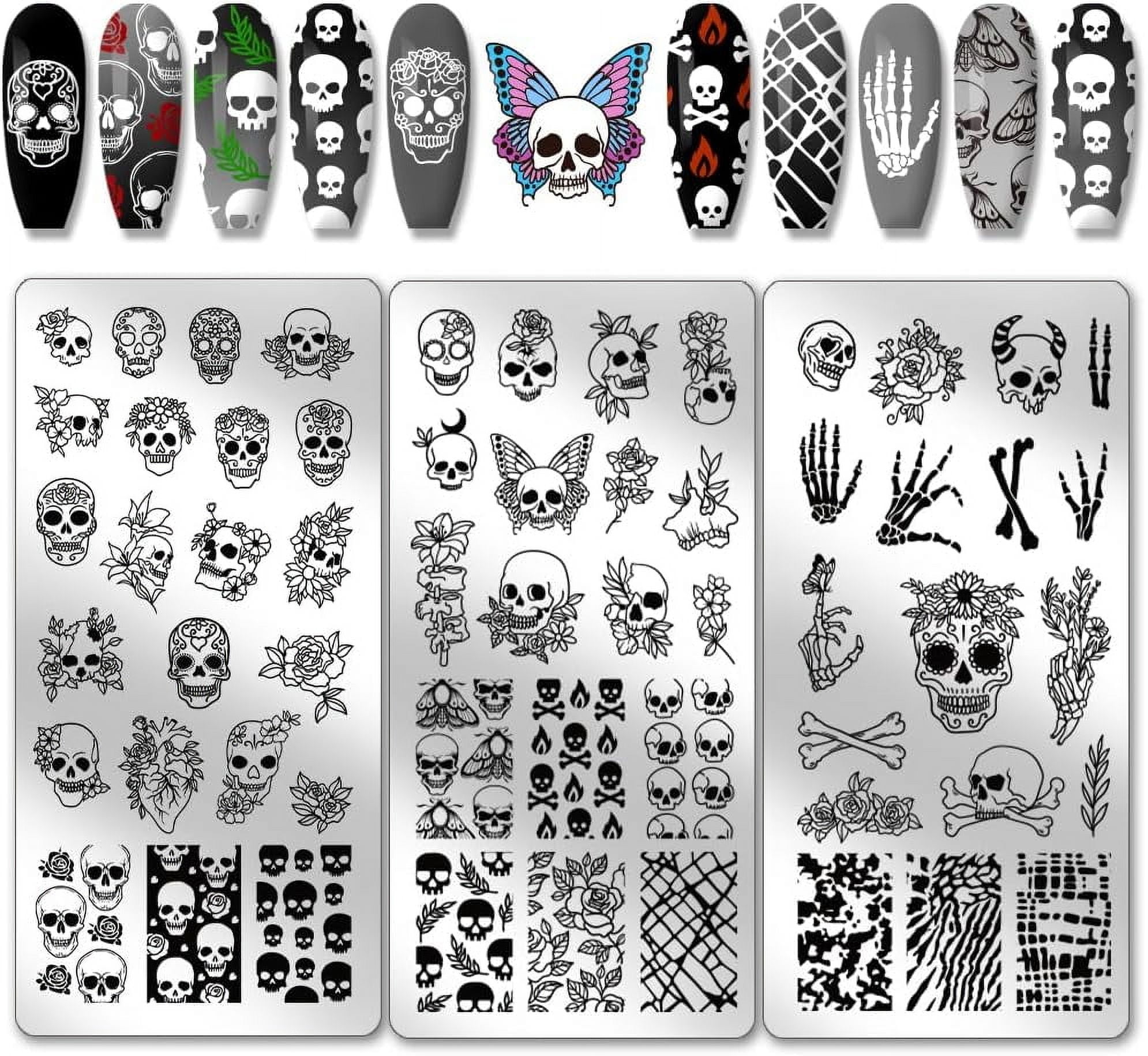 3pcs Gothic Skull Nail Stamper 58 Patterns Horror Skeleton Flower Nail ...