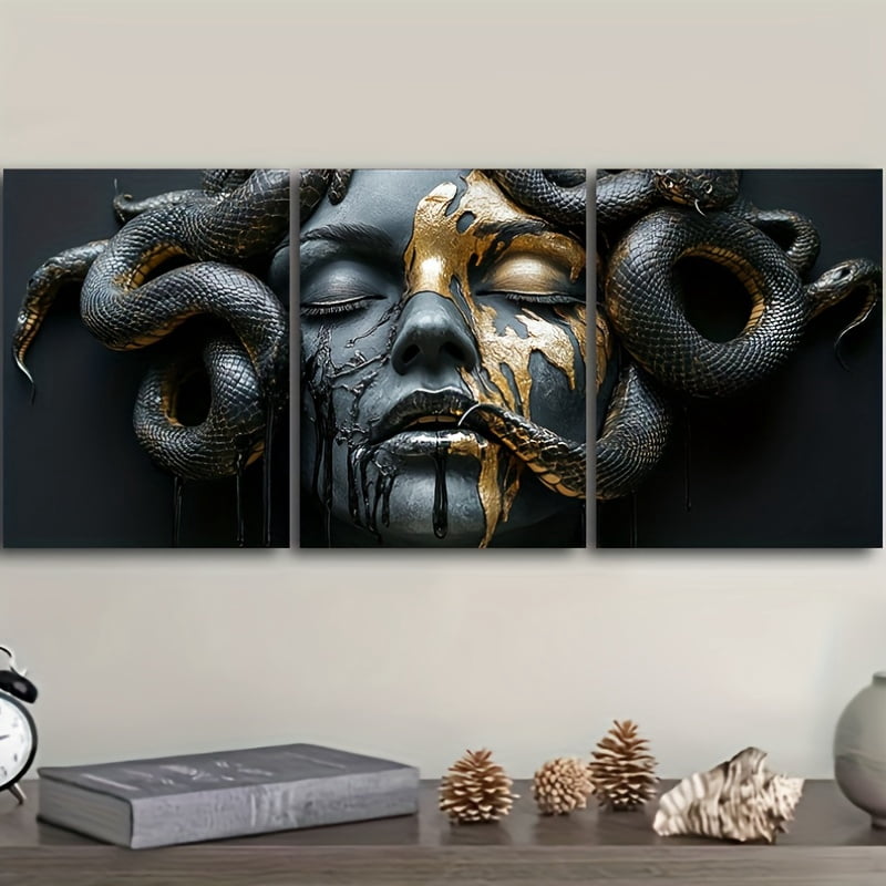 3pcs Greek Mythology Medusa Wall Art Set - Black & Golden Vertical ...