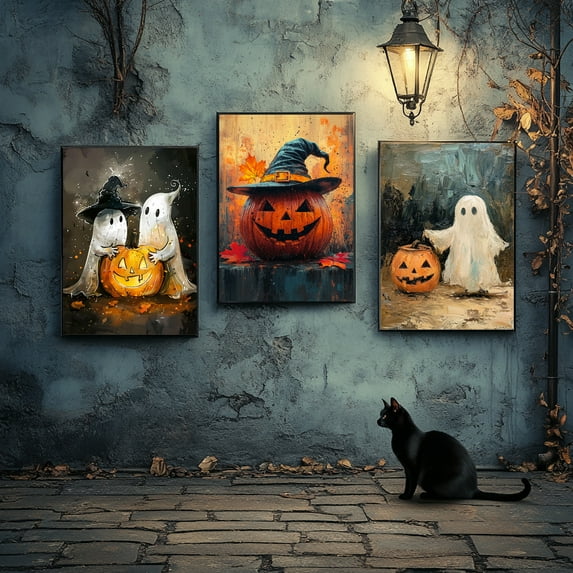 3pcs Halloween Canvas Art Set Pumpkin Wizard Theme, Frameless Oil ...