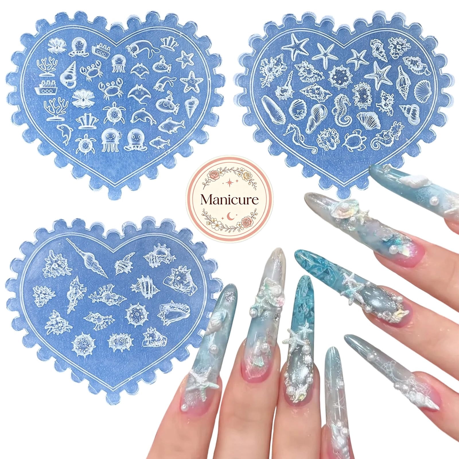 3pcs Heart‑Shaped Silicone Nail Molds, 3D Embossed Ocean Series Nail ...