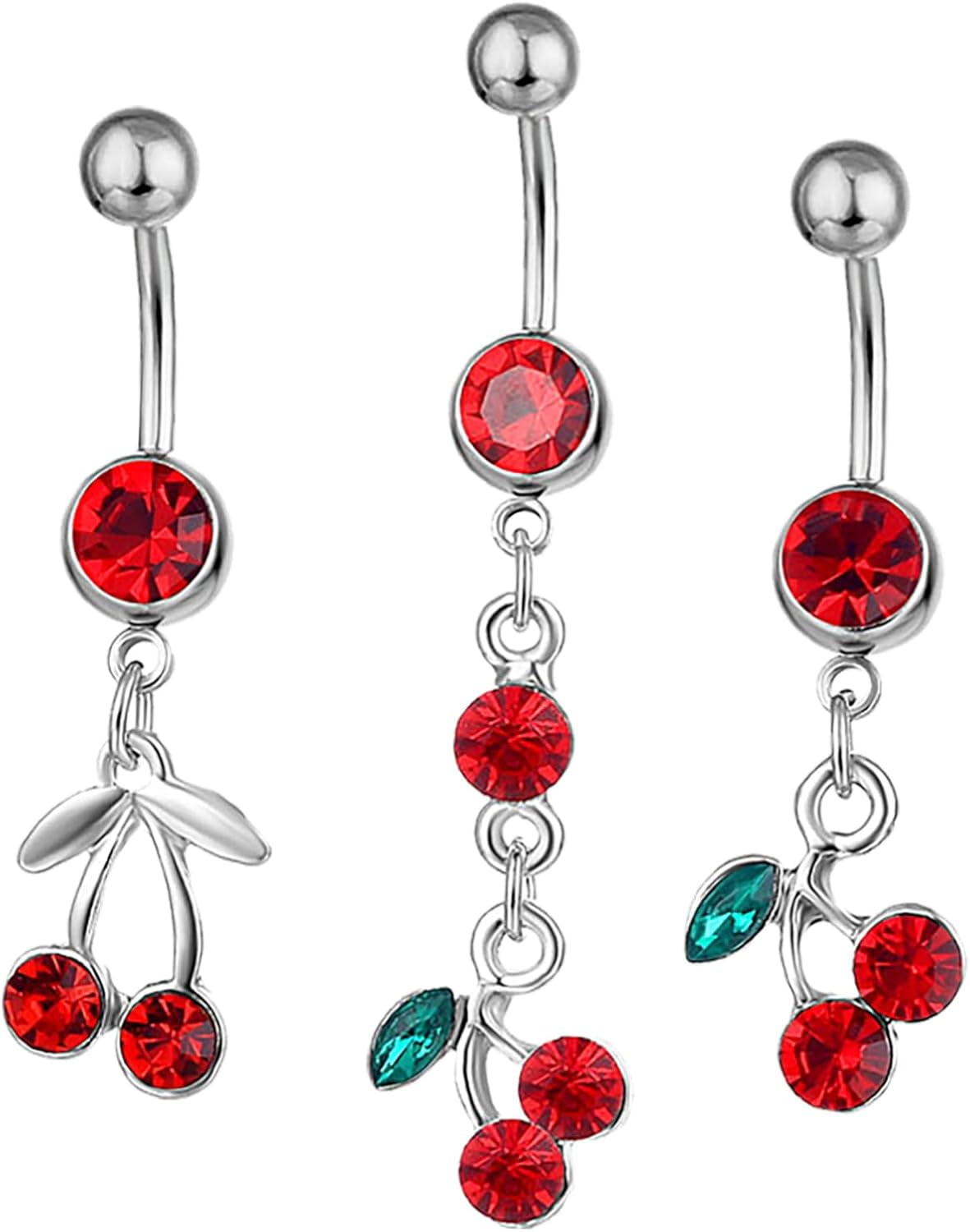 3pcs High-Grade Stainless Top Steel Navel Ring with Rhinestone Cherry ...
