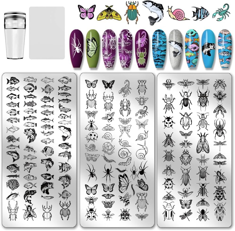 3pcs Insects Nail Stamping Plates Fish Nail Art Templates Beetle Snails ...