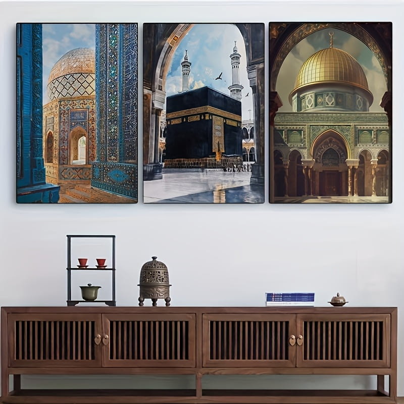 3pcs Islamic Architecture Canvas Wall Art Set - Vibrant, Waterproof ...