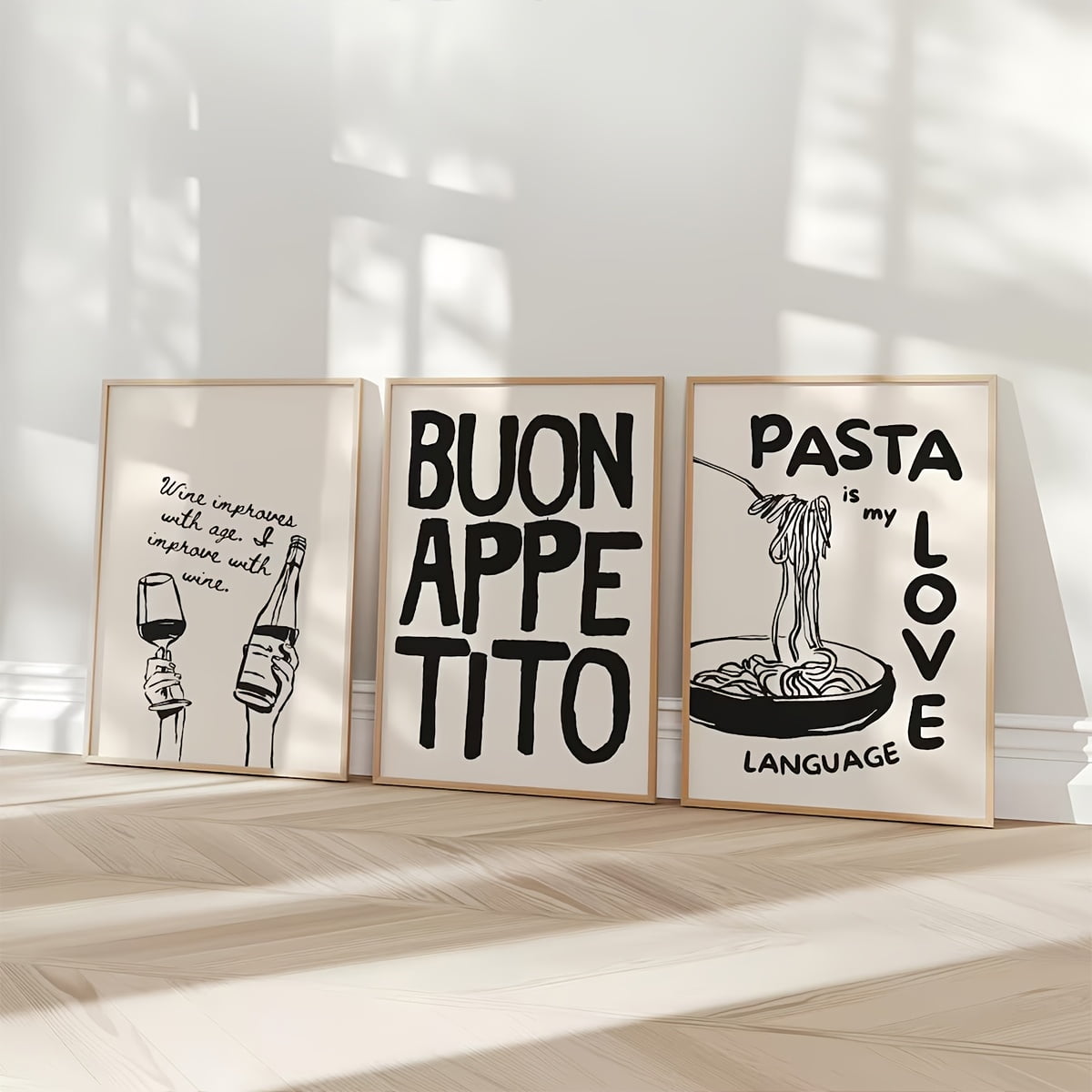 3pcs Italian Kitchen Poster Set - "Wine Imparts Age to Appetite," "Buon ...