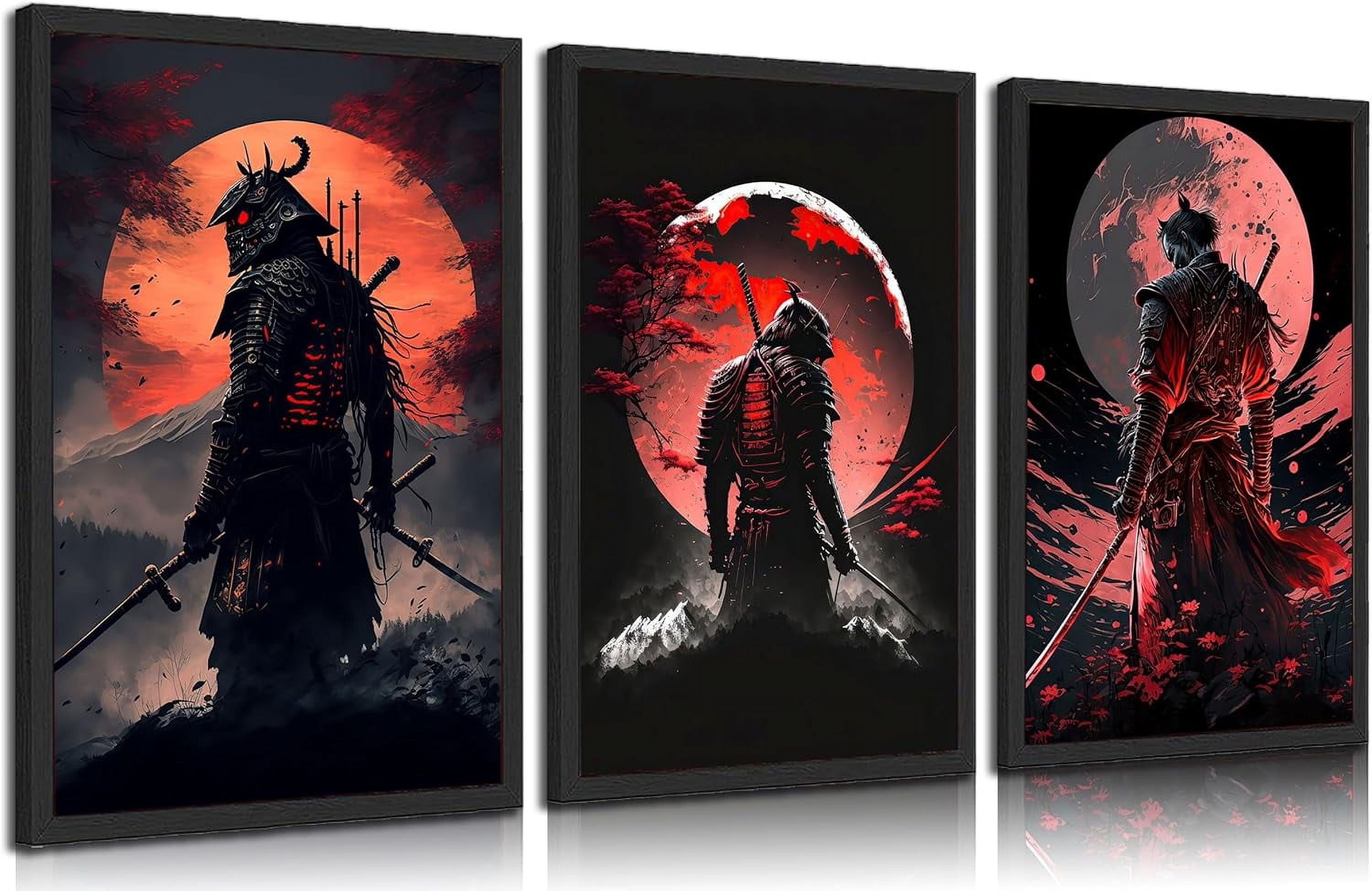 3pcs Japan Samurai Canvas Wall Art Japanese Style Full Moon Ninja Wall ...