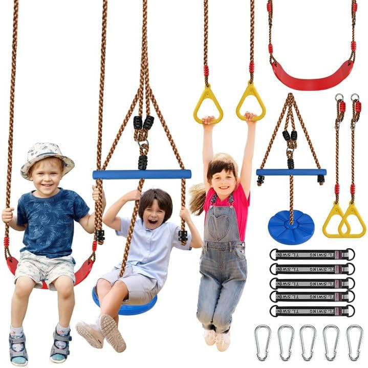 3pcs Kids Outdoor Swing Set with Adjustable Ropes, Disc & Ring Hangers ...