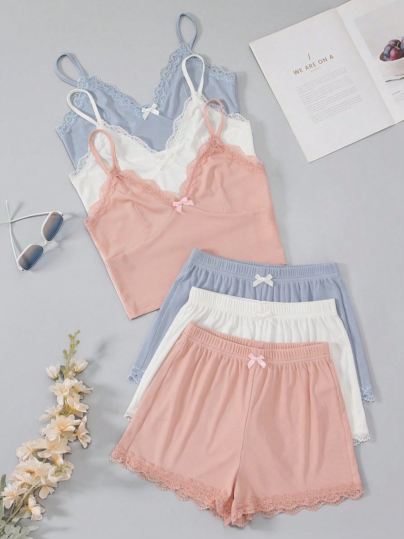 3pcs Ladies Solid Color Simple Daily Pajama Set, Standard/Regular Size ...