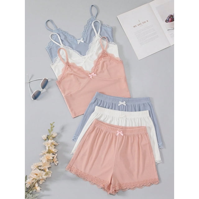 3pcs Ladies Solid Color Simple Daily Pajama Set, Standard/Regular Size ...