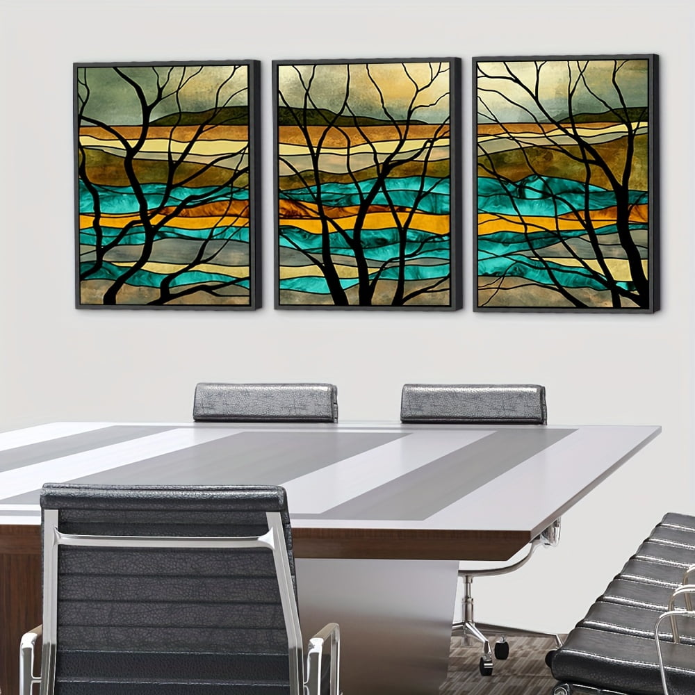 3pcs Large Framed Abstract Wall Art - Riverside Black Branch Wall Decor ...