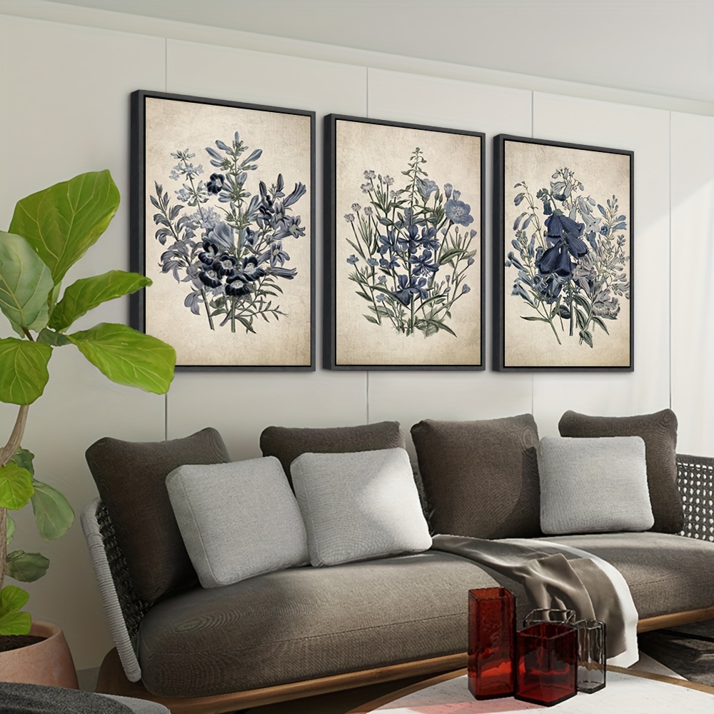 3pcs Large Framed Vintage Morning Glory Floral Wall Art - Navy Blue ...