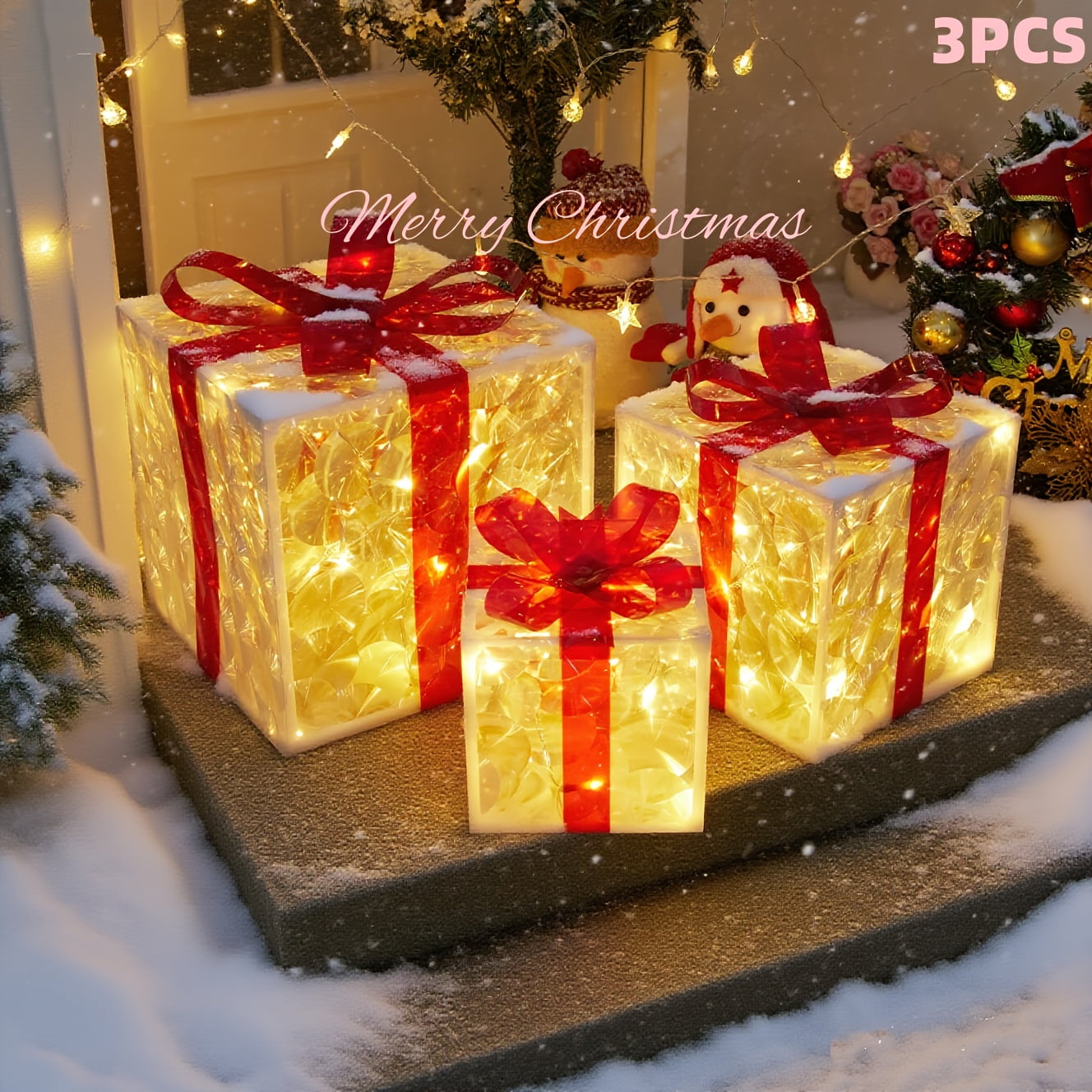 3pcs Lighted Christmas Gift Box Decor, Warm LED Lights & Snowy Bow ...