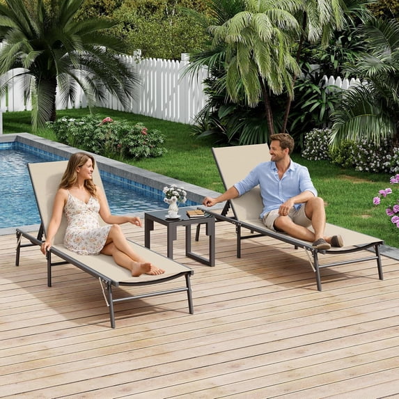 3pcs Lounge Chair Sets with Side Table Foldable Outdoor Chaise Lounge ...