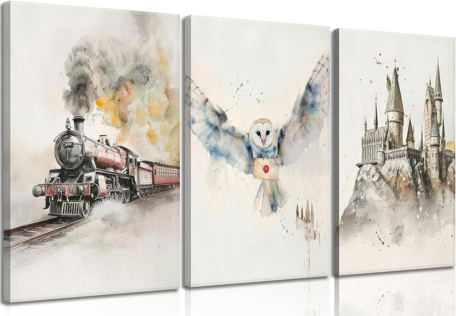 3pcs Magic Nursery Canvas wall art Express train Snowy owl Magic castle ...