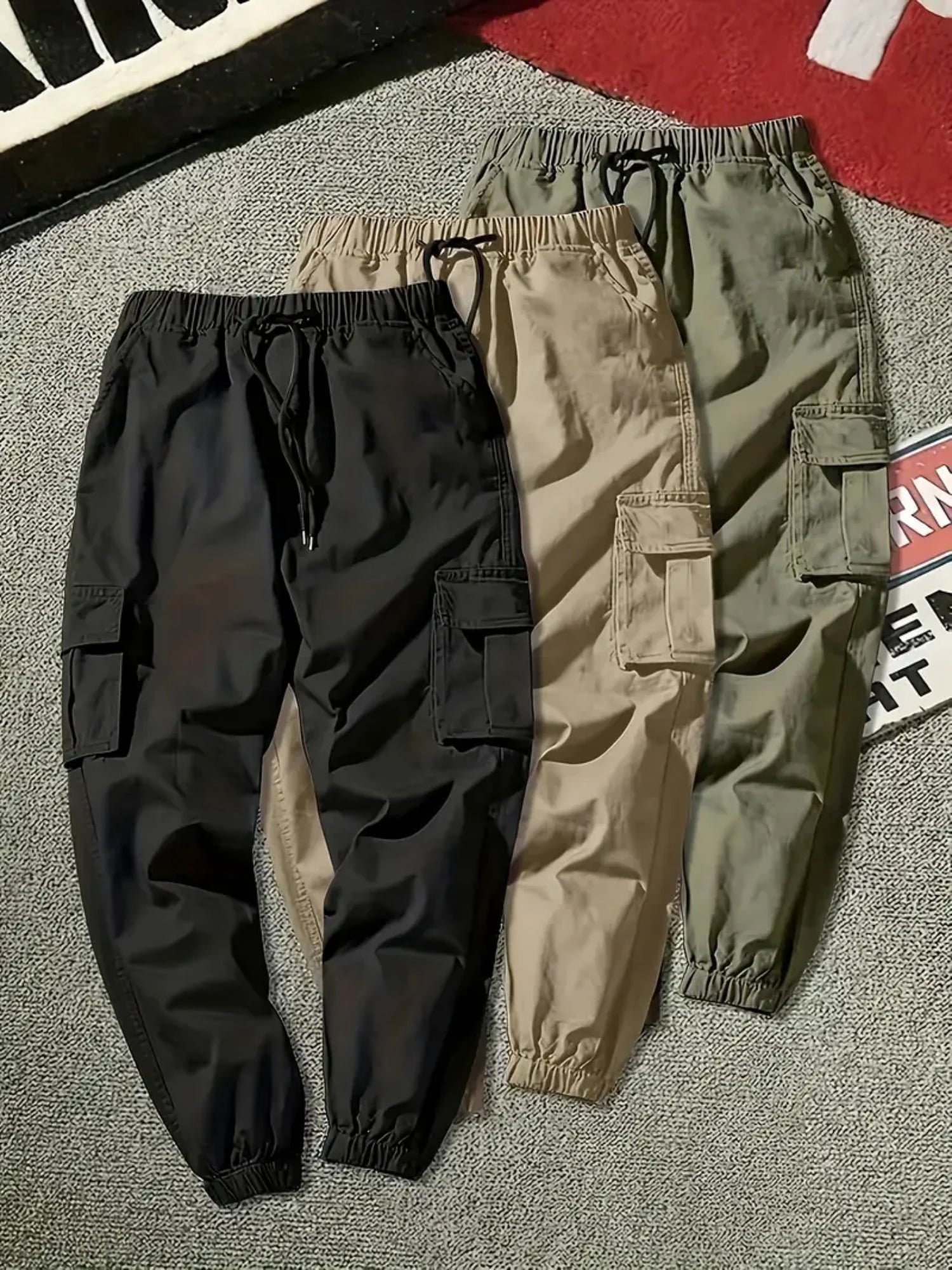 3pcs Men's Casual Cargo Pants - Solid Color, Multi-Pocket Design ...