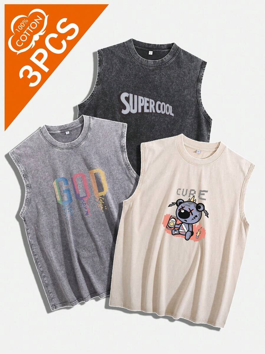 3pcs Mens Vintage Washed Tank Tops In Black, Gray & Apricot — 100% ...