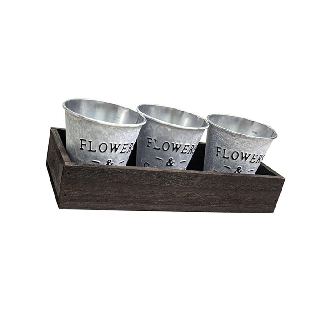 3pcs Metal Iron Plant Pots with Rural Wood Storage Holder for Gardening ...