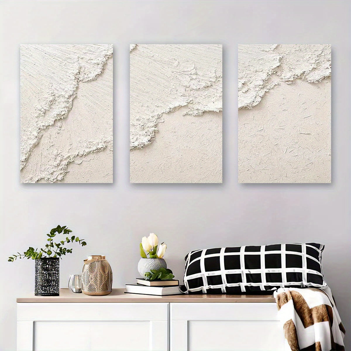 3pcs Modern Abstract Wall Art with Textured White Designs Soft Earth ...