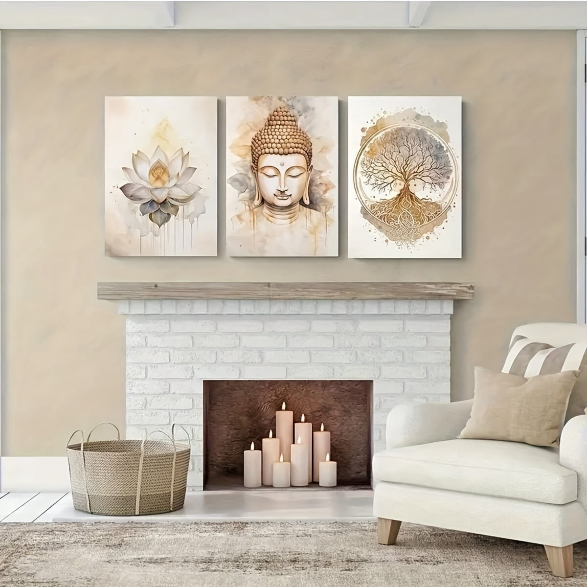 3pcs Modern Buddha and Lotus Flower Wall Art - Frameless Canvas Poster ...