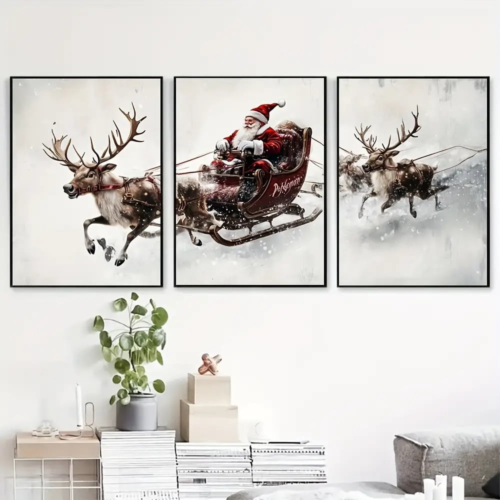 3pcs Modern Canvas Art Set- Santa Claus, Sleigh, and Reindeer Prints FramelessWall Decoration ...
