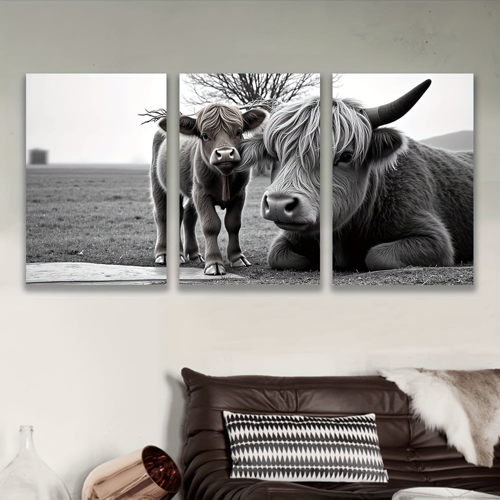 3pcs Modern Cow Painting Vertical Wall - Spray Farm Artwork Frameless ...