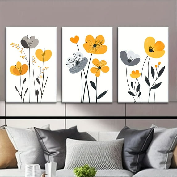 3pcs Modern Floral Canvas Art Set - Unframed, Abstract Flower Design in ...