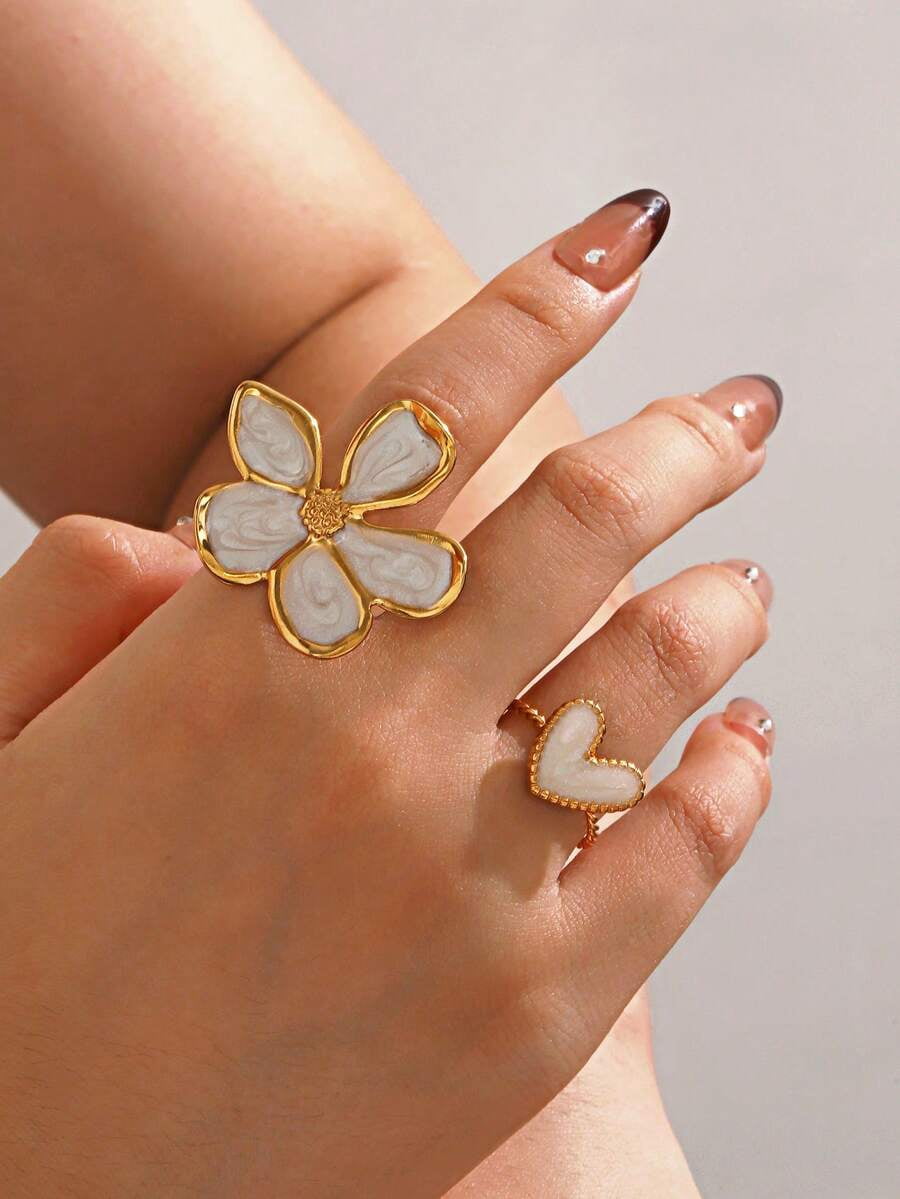 3pcs Multicolor Stainless Steel Flower And Heart Ring Set For Women ...