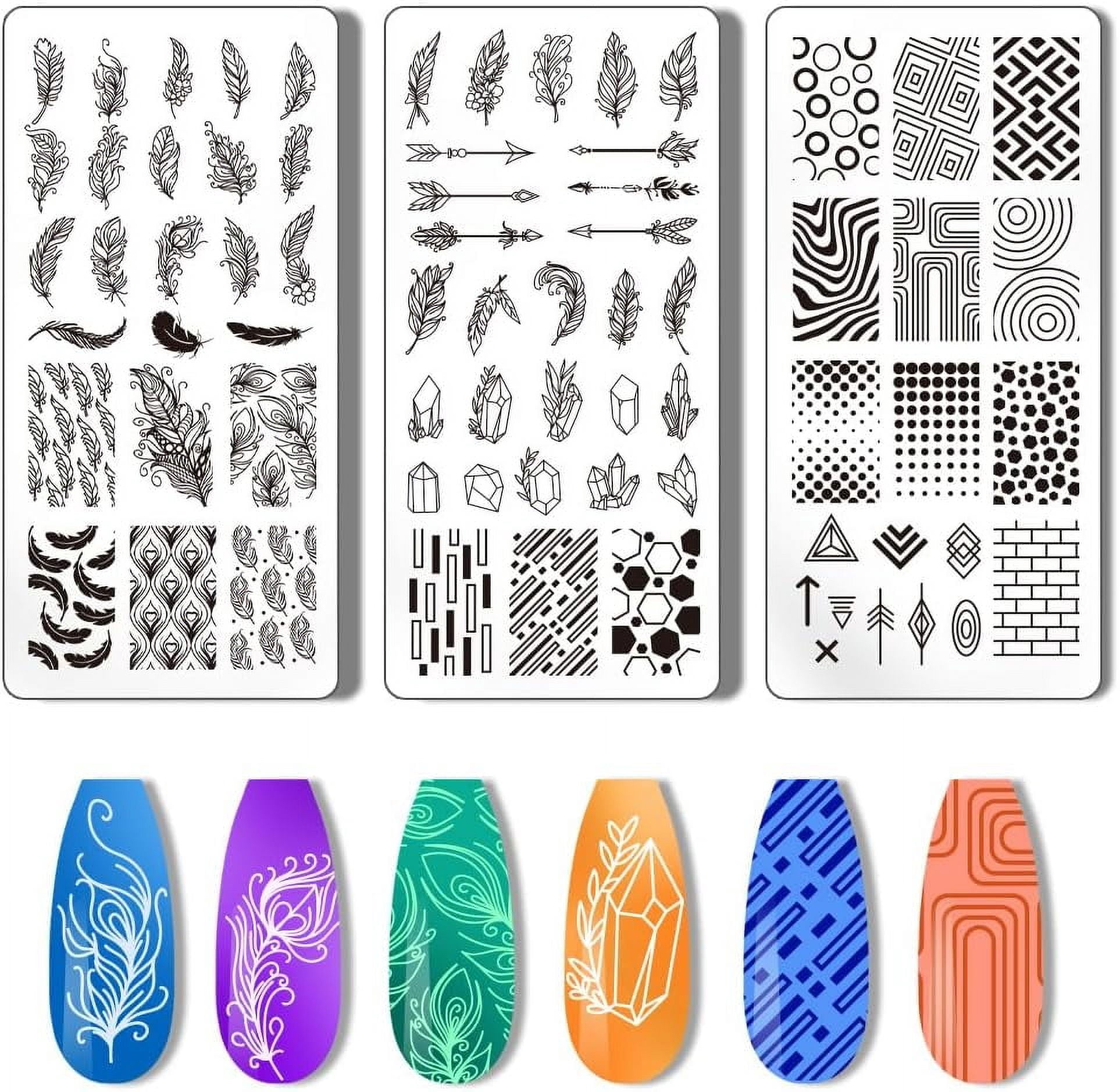 3pcs Nail Stamping Plate Feather Nail Stamper Geometry Nail Stencils ...