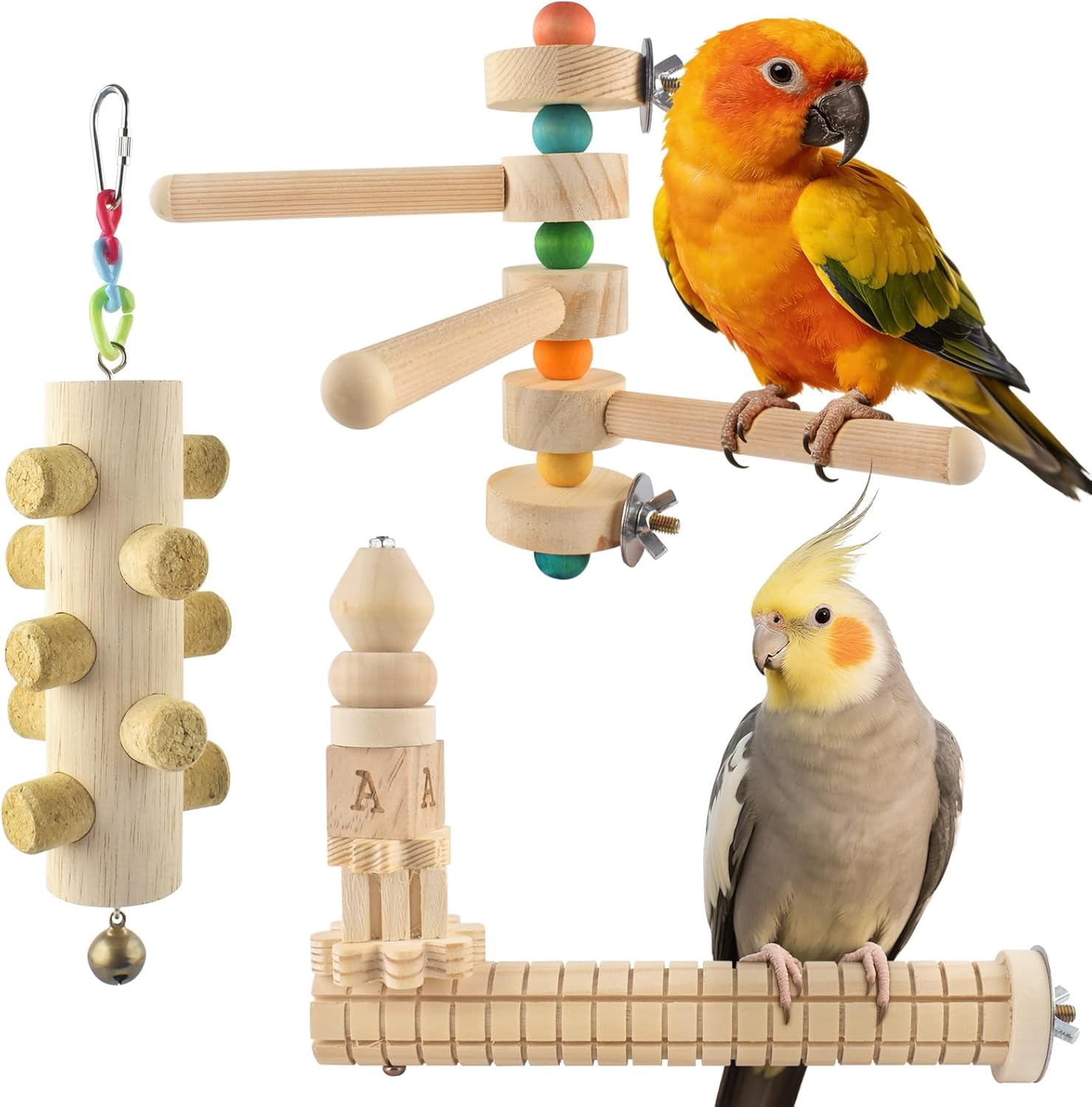3pcs Natural Wood Bird Perch Toys, Rotating Perch Stand, L-Shaped ...