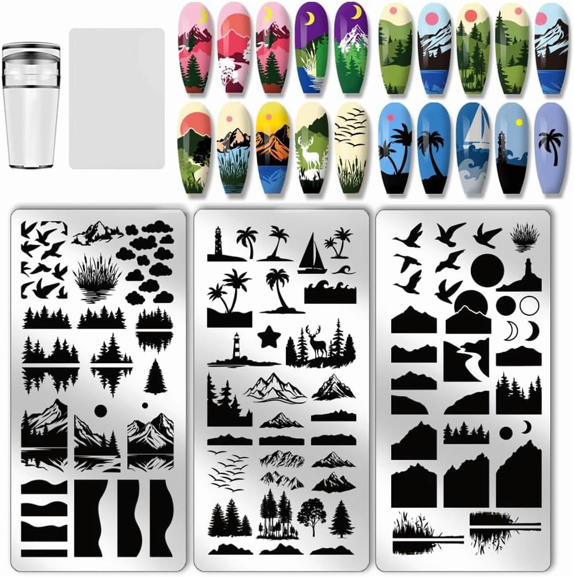 3pcs Nature Nail Stamping Plates Forest Nails Art Stencils Mountain ...