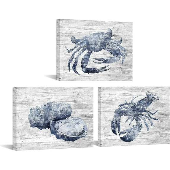 3pcs Navy Blue Watercolor Crab, Oysters, Crawfish on Vintage Grey ...