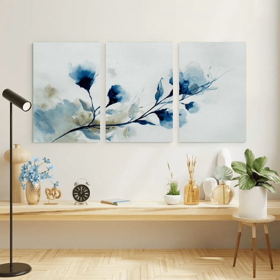 3pcs Navy Blue Watercolor Floral Canvas Print Set, Modern Fashion Art ...