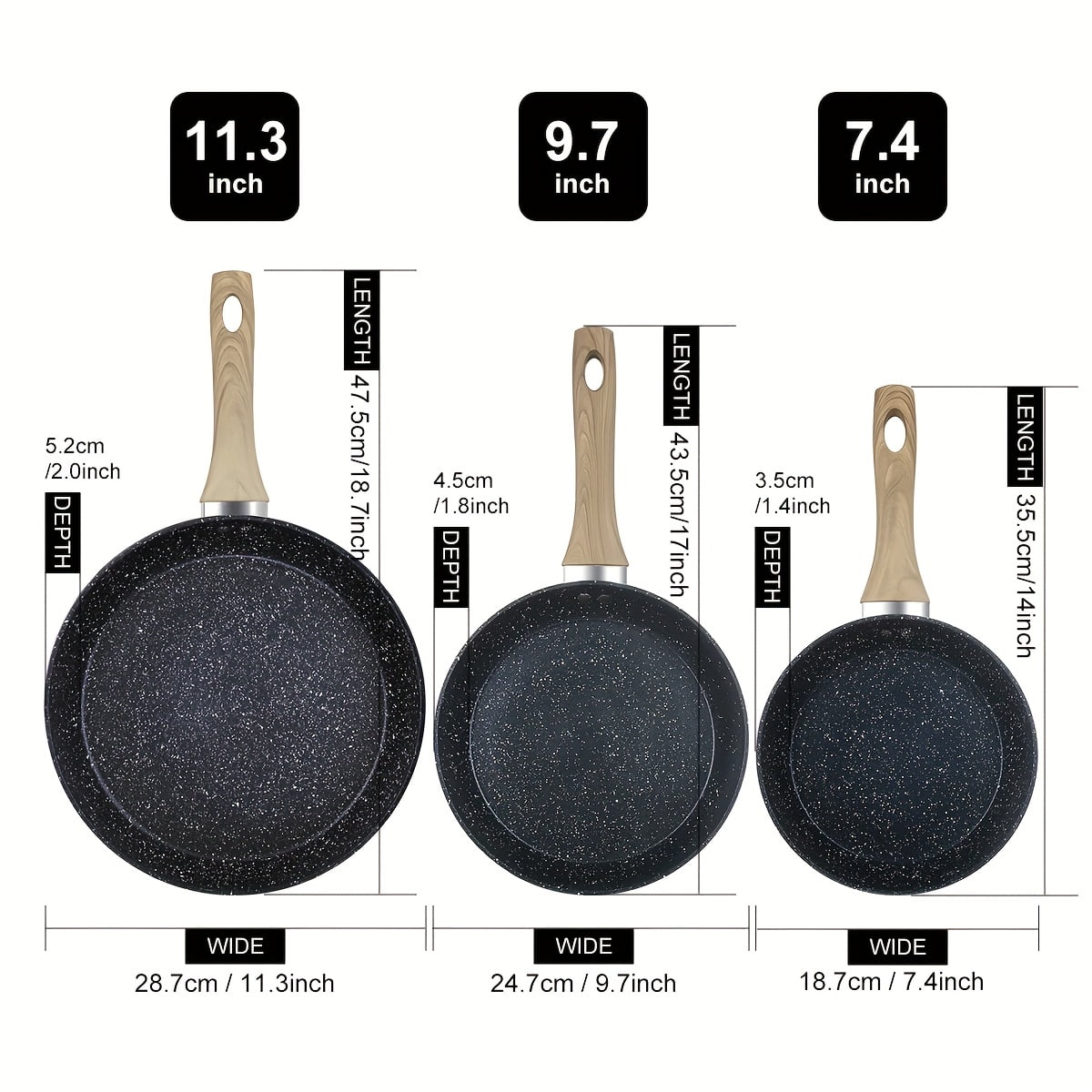 3pcs Non Stick Frying Pans Set - 7/9.5/11 Inch Sizes, Insulated Handle ...