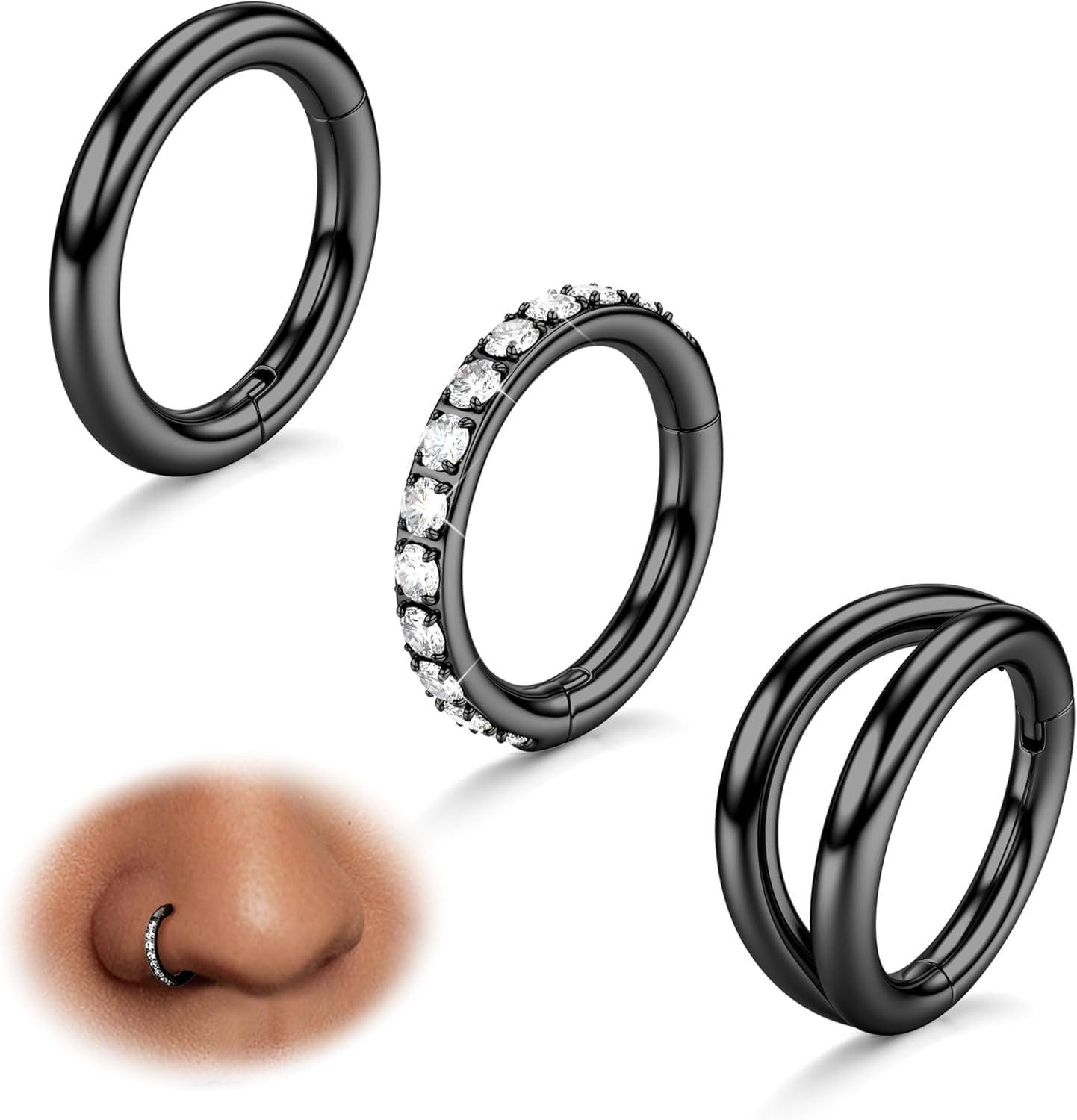 3pcs Nose Rings Hoops - 316L Surgical Steel Double Hoop Nose Rings 14G/16G/18G/20G Hinged CZ ...
