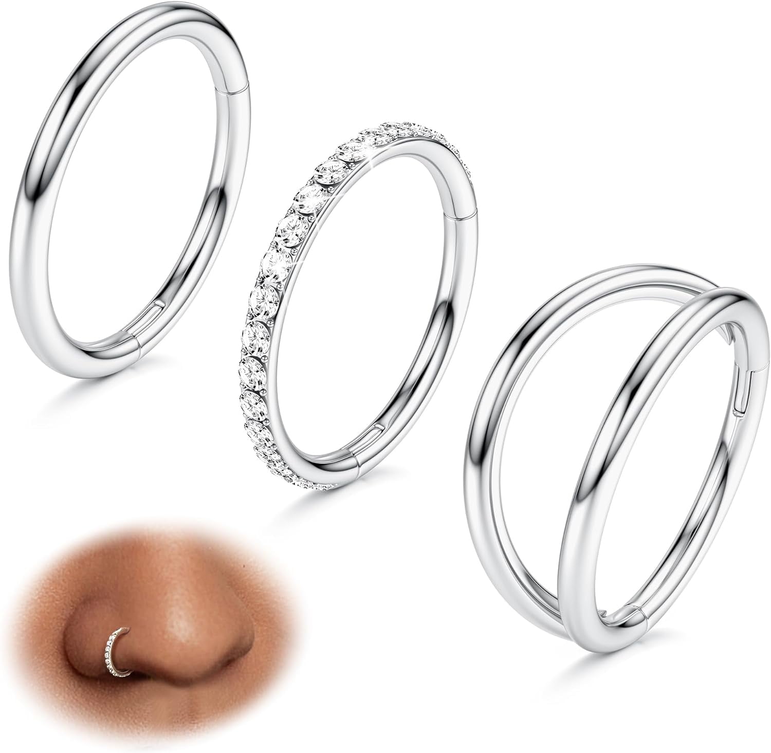 3pcs Nose Rings Hoops - 316L Surgical Steel Double Hoop Nose Rings 14G ...