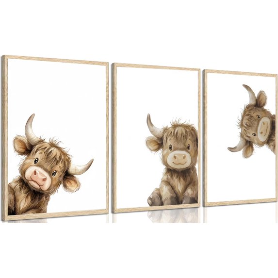 3pcs Nursery Highland Cow Wall Art Cow Baby Painting Picture Wall Decor ...