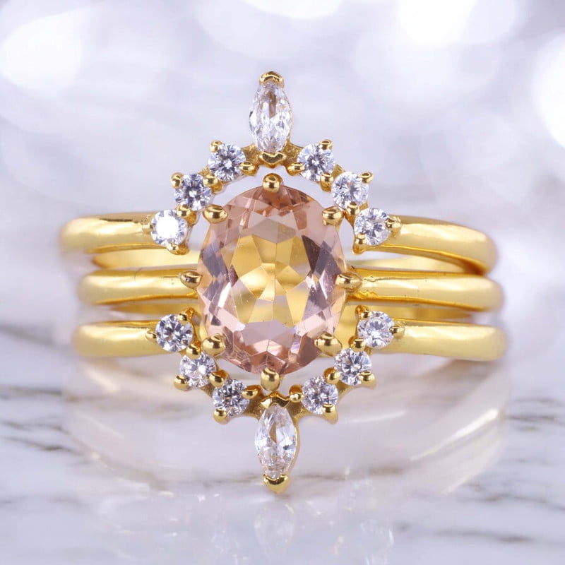 3pcs Oval Cut Morganite Bridal Ring Set 14K Rose Gold Moissanite Double ...