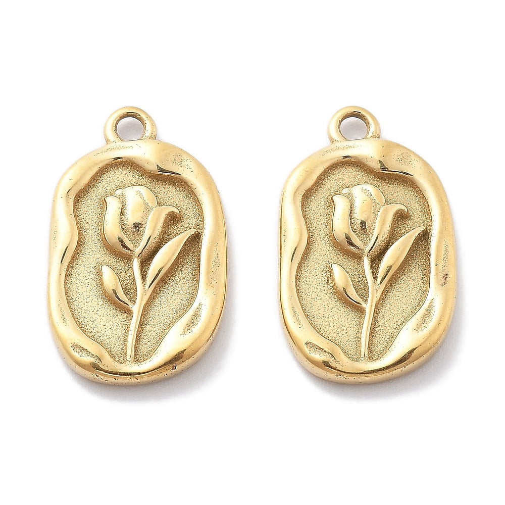 3pcs PVD Vacuum Plating 304 Stainless Steel Pendants Oval with Flower ...