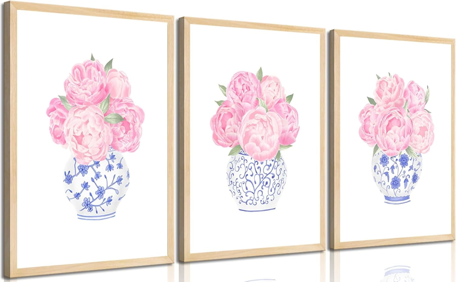3pcs Pink Peonies Floral Canvas Wall Art Chinoiserie Blue And White ...