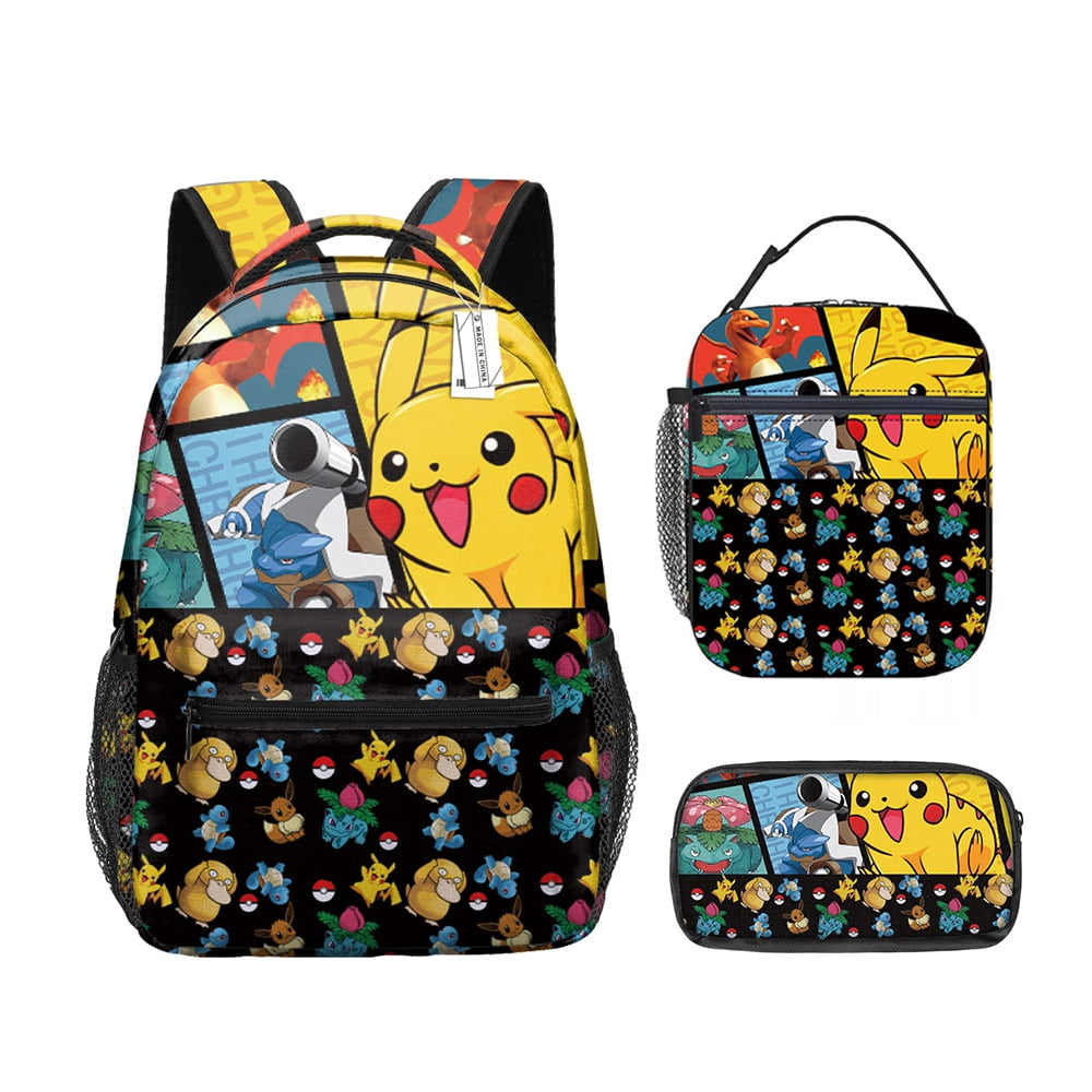 3pcs Pokemon_Pika-chu Backpack Set - Large Capacity Bookbag with Lunch Bag & Pencil Case, Water ...