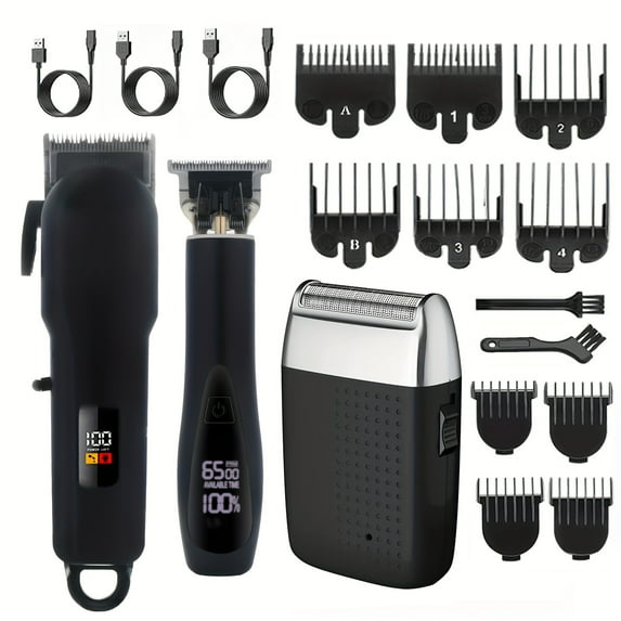 3pcs Professional Barber Clipper Hair Trimmer and Shaver Set, Cordless ...