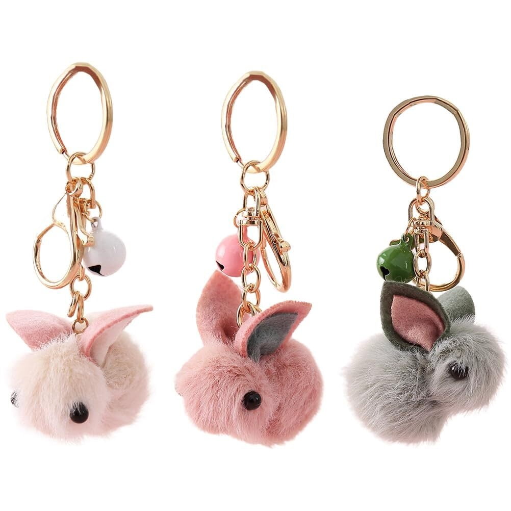 3pcs Rabbit Animal Pom Pom Keychain Cute Faux Fur Key Ring for Women ...