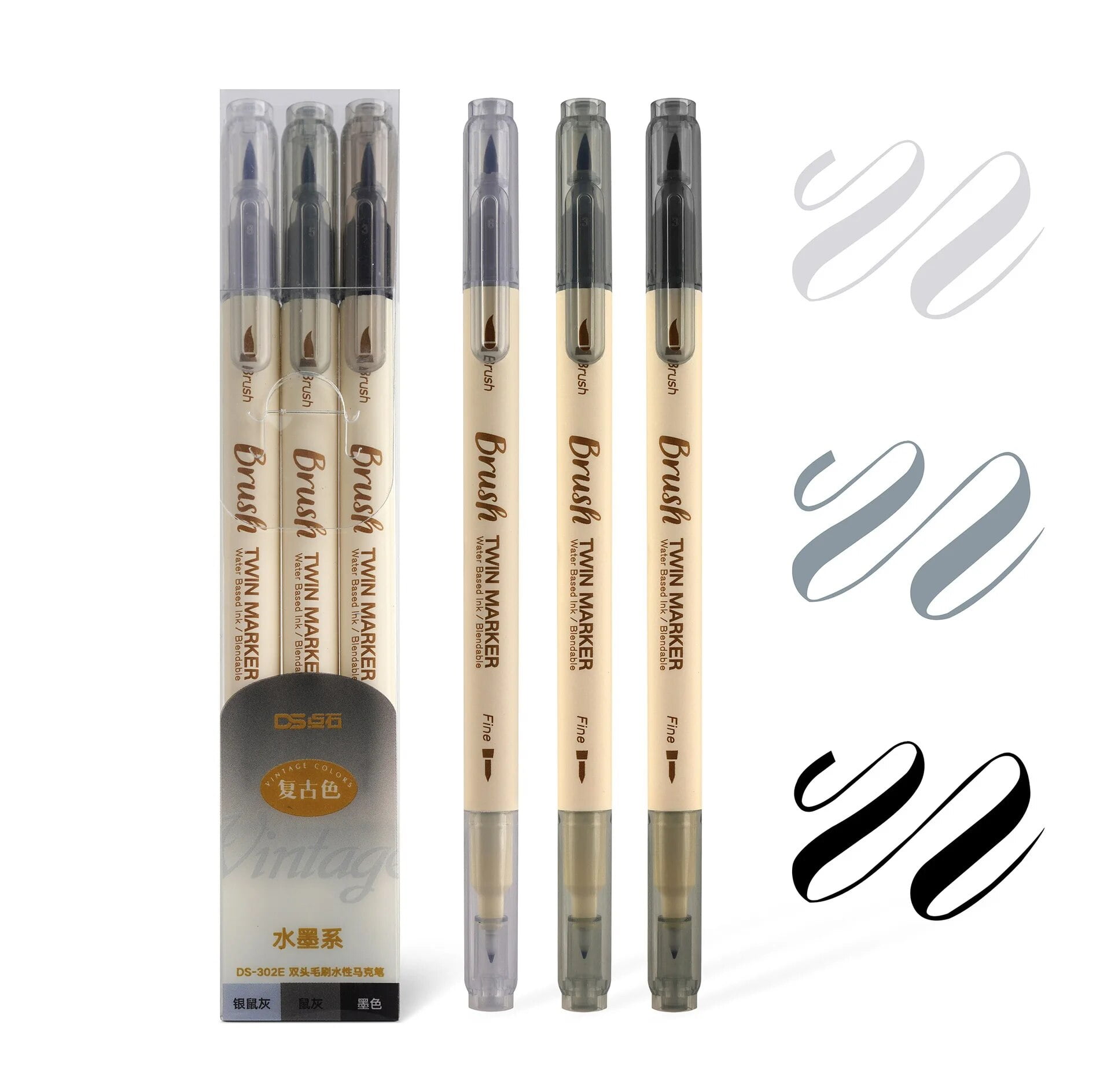3pcs Retro color Brush Marker Pens Set Soft Brush Calligraphy Dual side ...