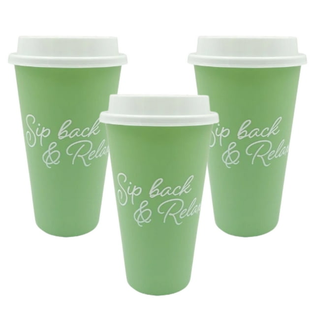 3pcs Reusable Cup with Lid 17oz Sip Back & Relax Design Plastic Coffee ...